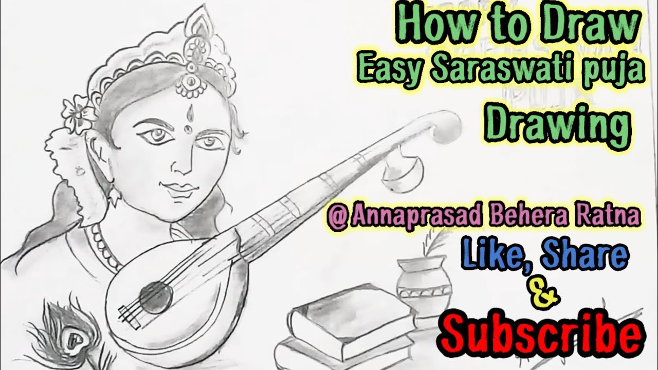 How to Draw Easy Saraswati Puja Drawing 🙏//Easy pencil Drawing 🙏 ...