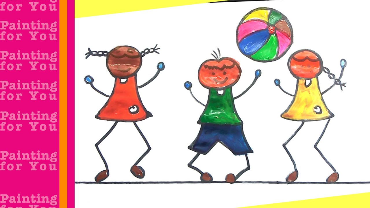 three little kiddles playing with ball scene - Drawing and painting ...