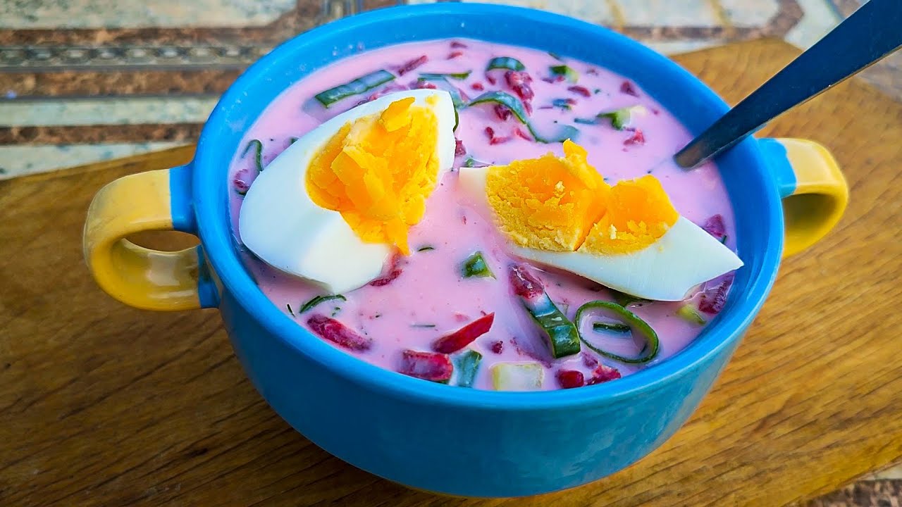 Summer cold beetroot soup on kefir - YouTube