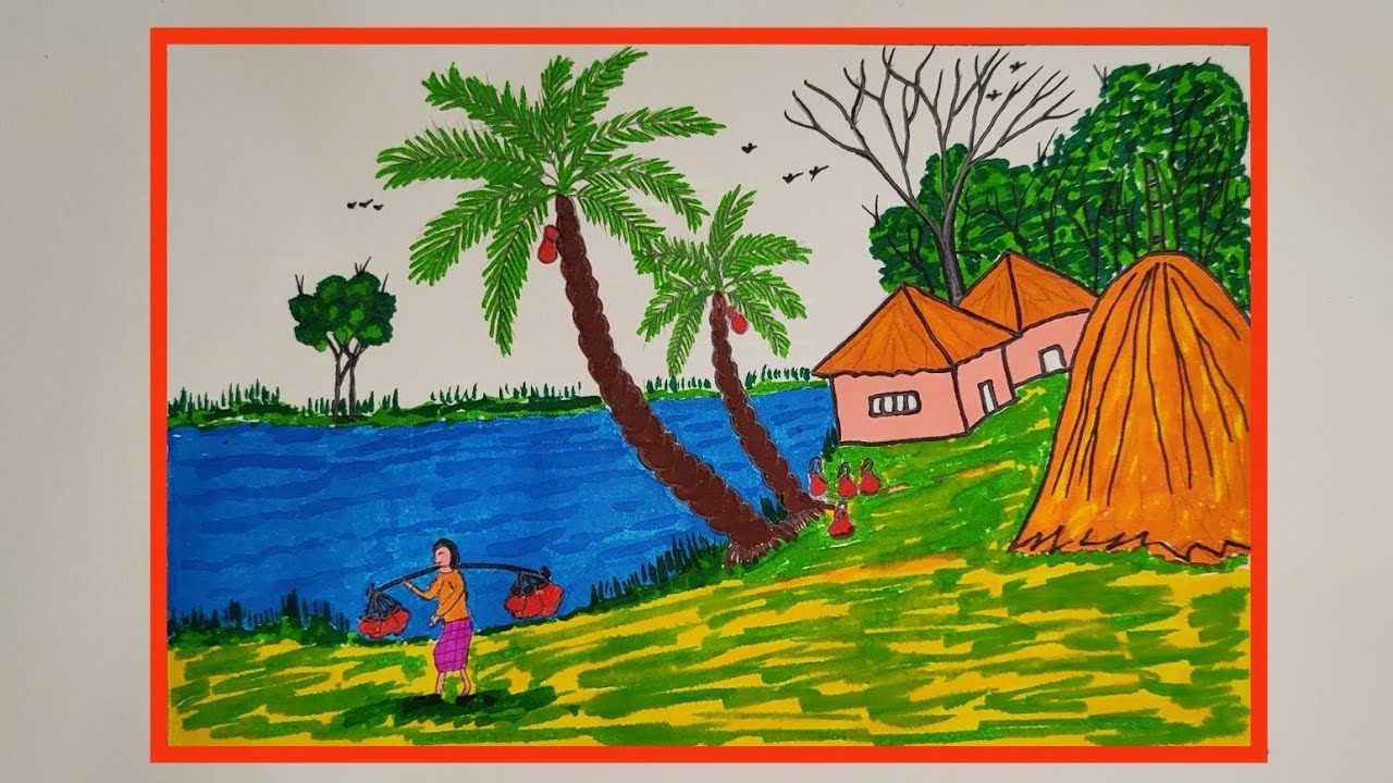 Beautiful Village Drawing || How to draw Scenery Drawing || গ্রামের ...