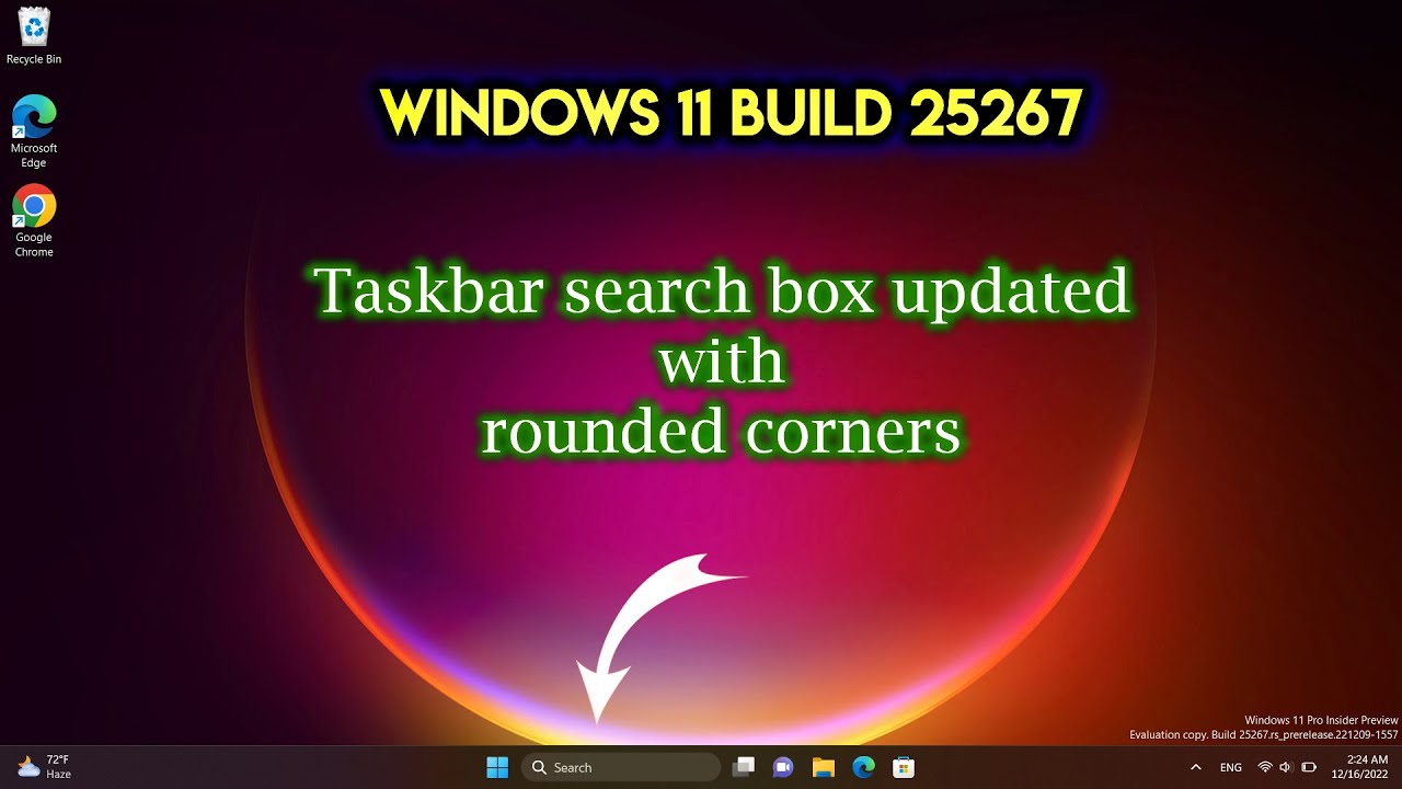 Windows 11 Build 25267 Taskbar search box updated with rounded corners ...