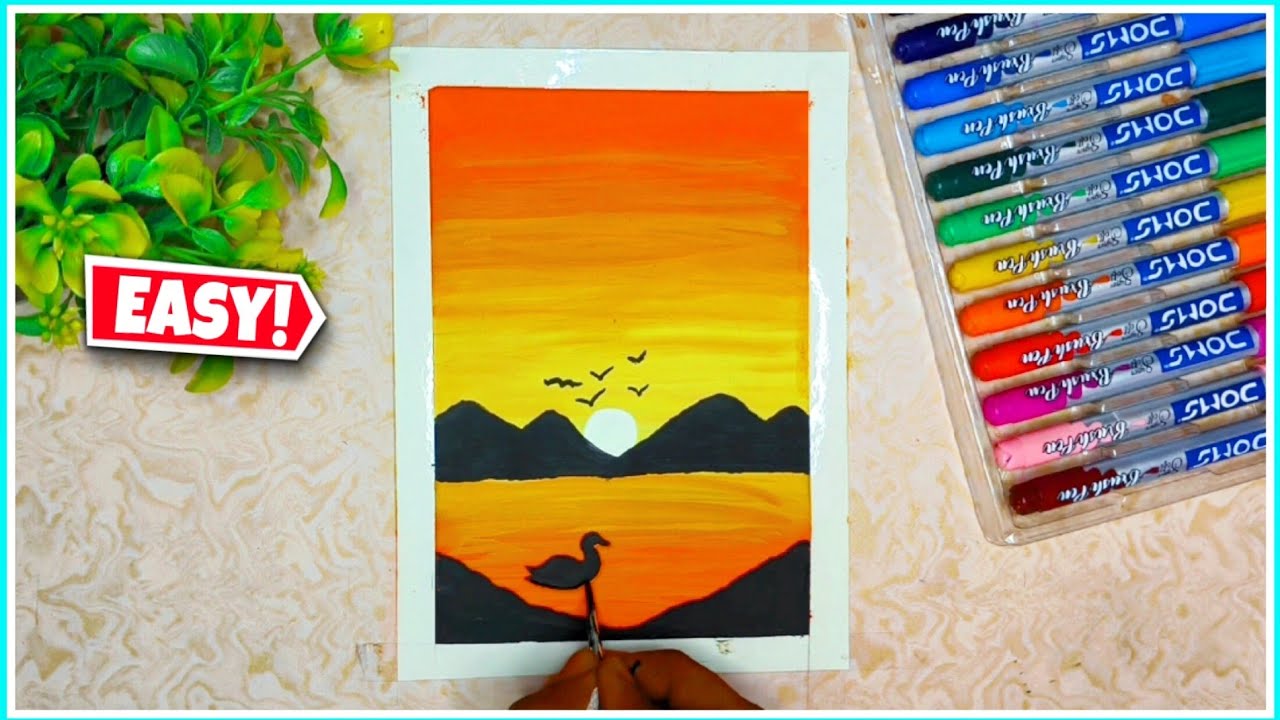 Sunset scenery drawing step by step | Scenery drawing easy and ...