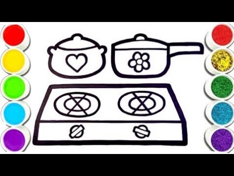 How to Draw rice cooker and gas stove drawing & colour - Easy Step-by ...