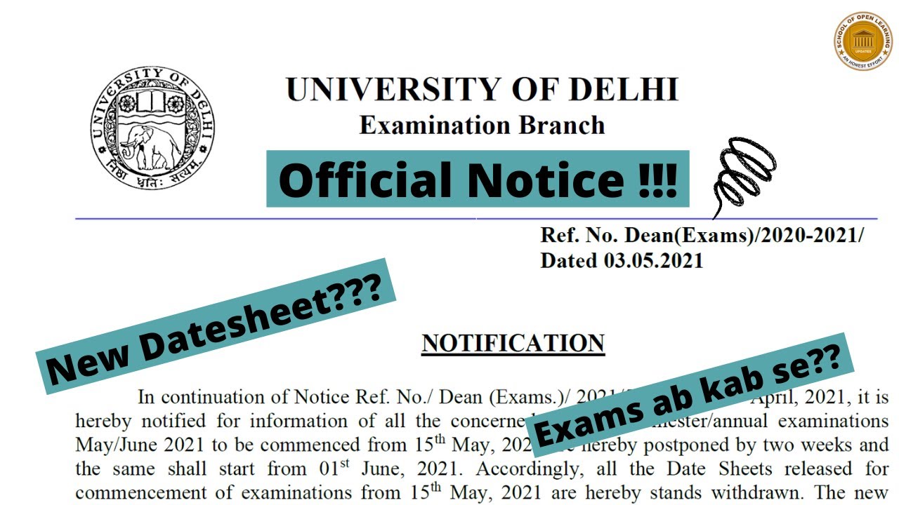 Official Notice I Delhi University Exam May 2021 Postponed I Regular I ...