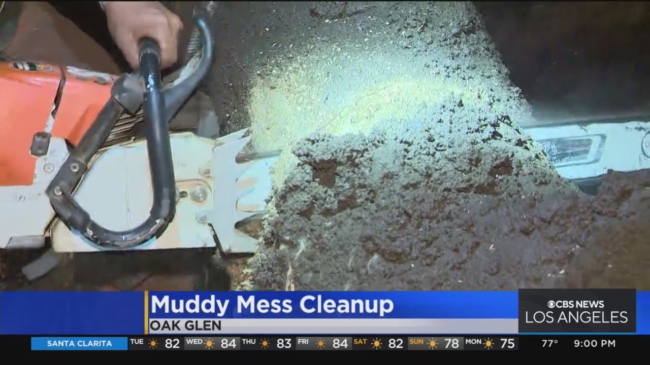 Crews cleaning muddy mess left by flooding, mudslides in Oak Glen - YouTube
