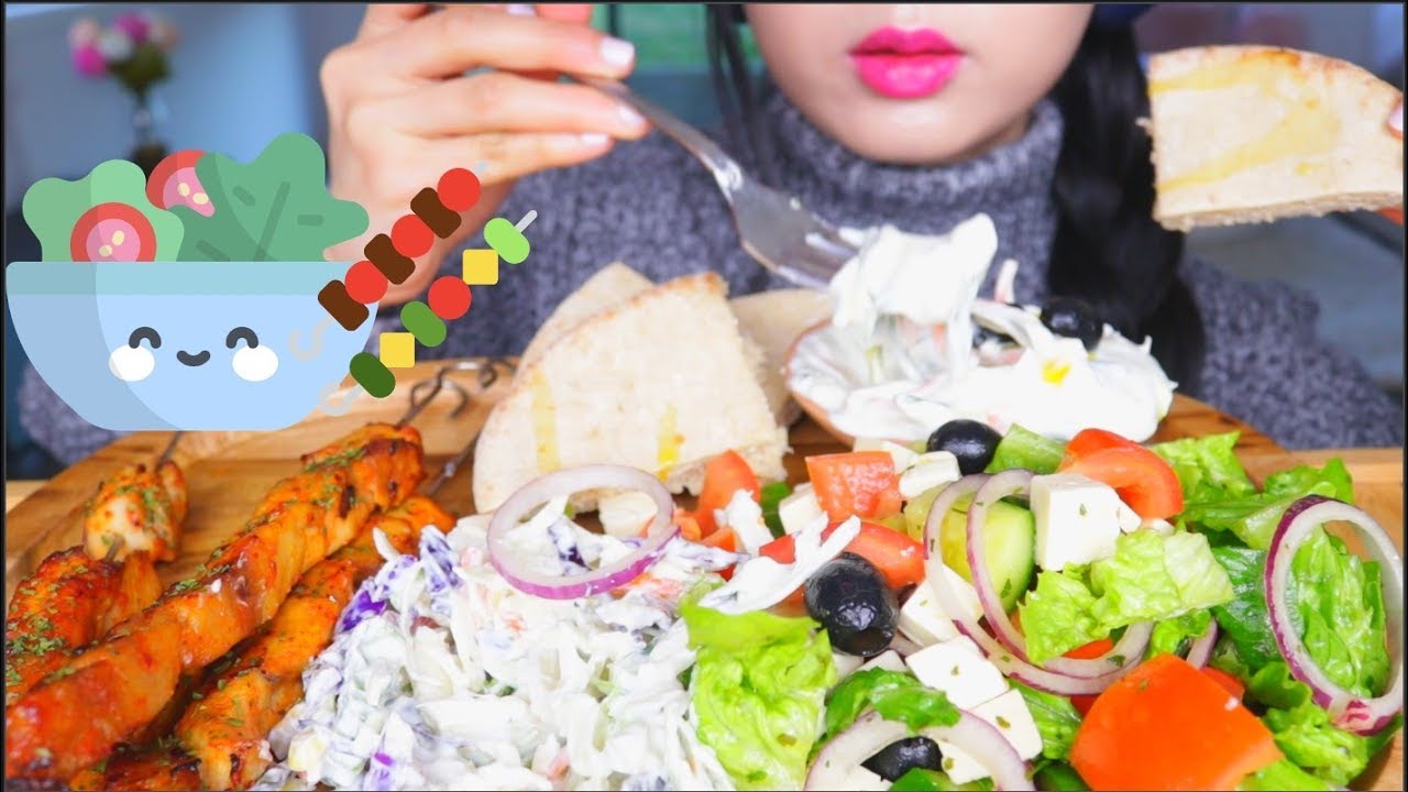 ASMR GREEK SALAD | CHICKEN KEBABS | TZATZIKI | NO TALKING | EATING ...