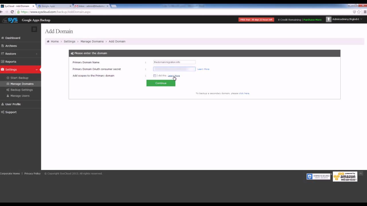 2 minute Product Demo - How to Start Google Apps Backup with SysCloud - YouTube