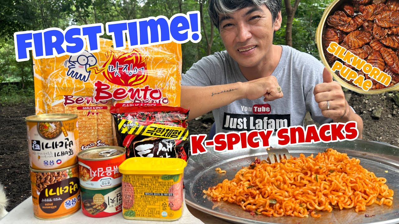 TRYING SPICY KOREAN SNACKS + SILKWORM PUPAE FOR THE FIRST TIME! JUST ...