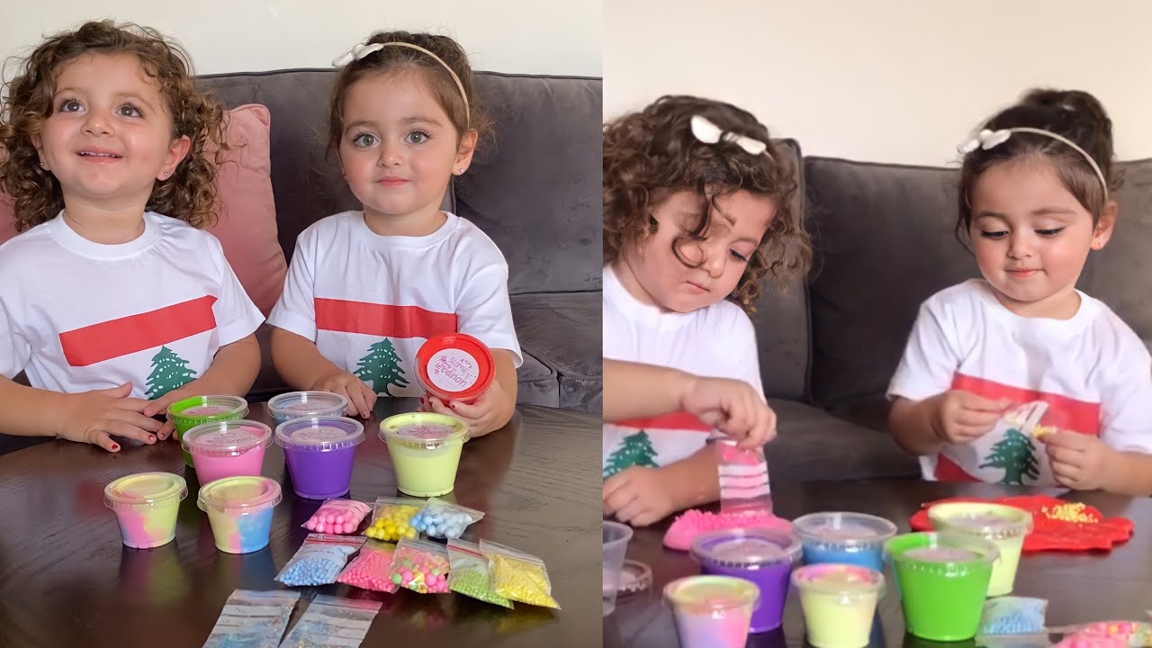 Aline and Taline are playing with slimes | Relaxing slime video | ألين ...