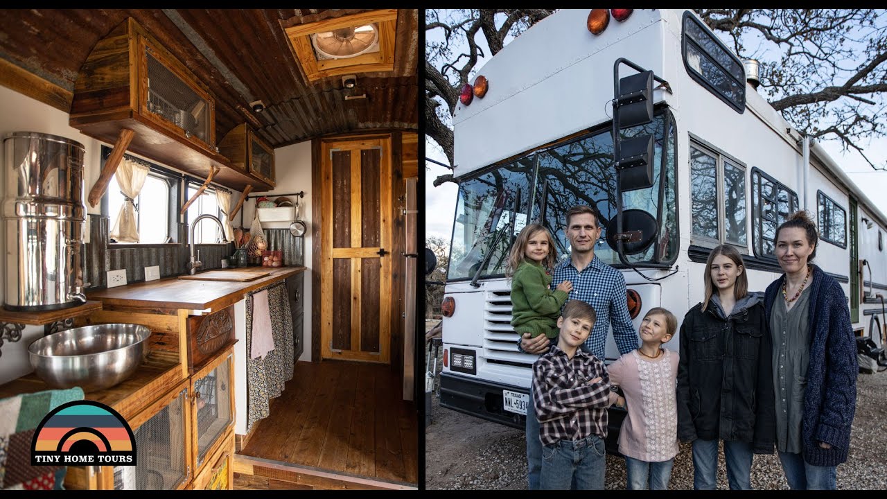 Family Of 6 & Their Custom DIY Raised Roof Bus Conversion Tiny House ...