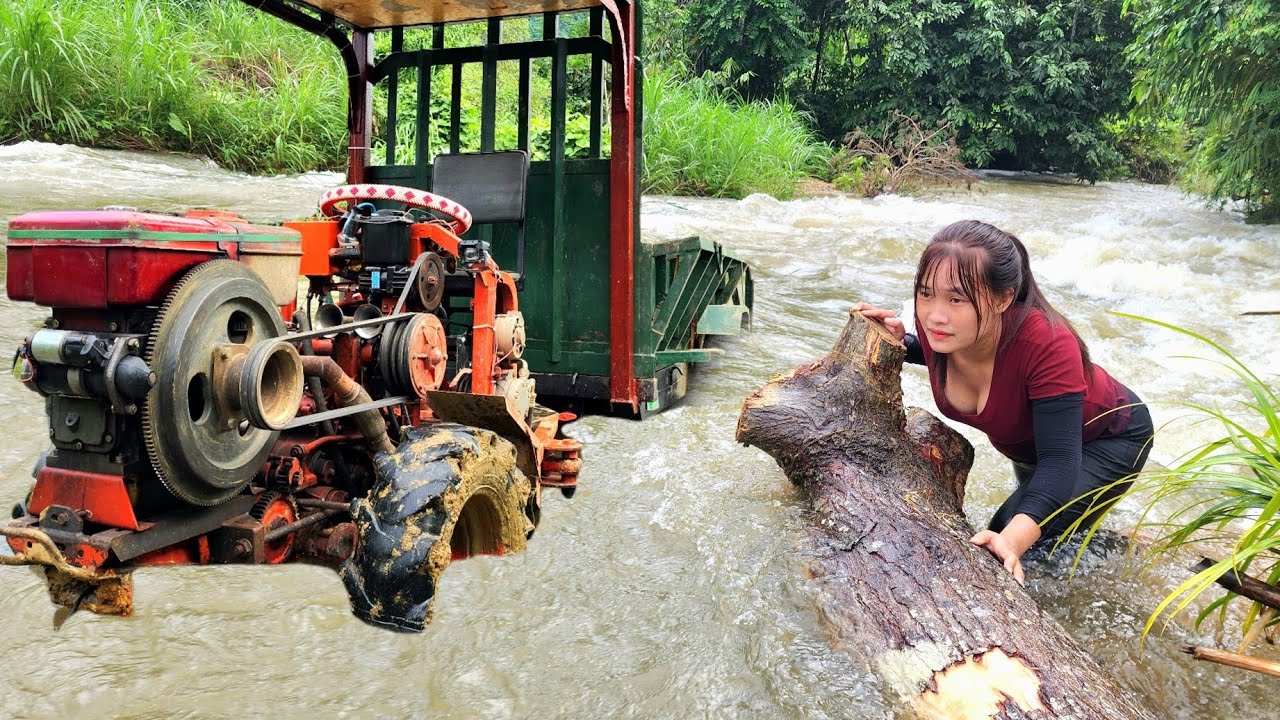 Agricultural vehicle, Giant log drifting in flood water got stranded ...