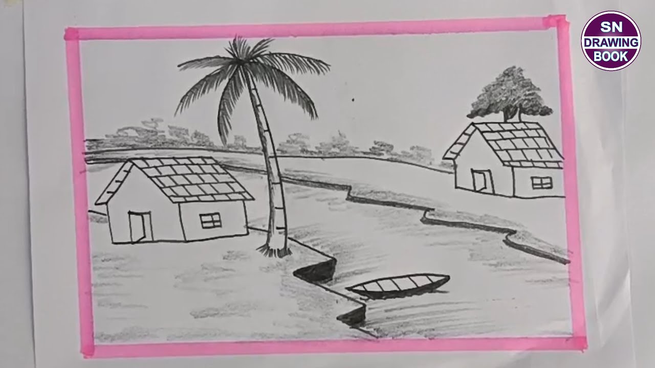 How to draw village scenery with coconut tree || village scenery ...