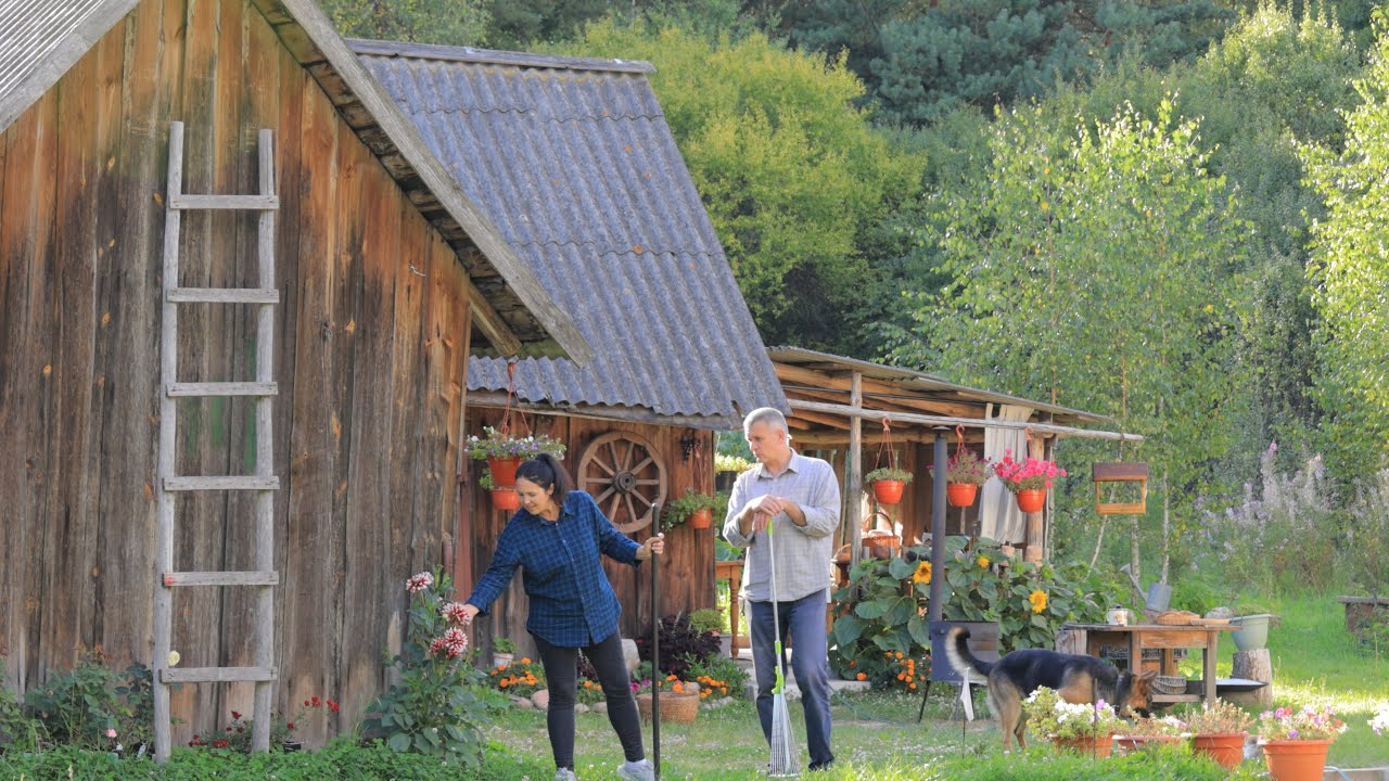 Rural life. Family creates a cozy home: Cooking on the fire & building ...