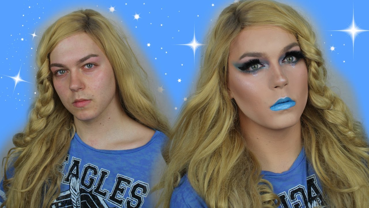 Summery Blue Glitter cut crease w/ Neon lips ~ Drag queen boy to Girl ...