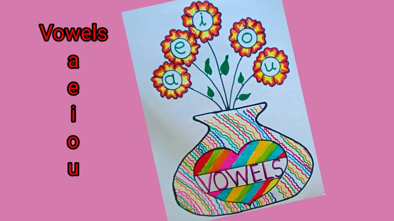 Flower pot Drawing | Vowels Flower pot | English vowels model - YouTube