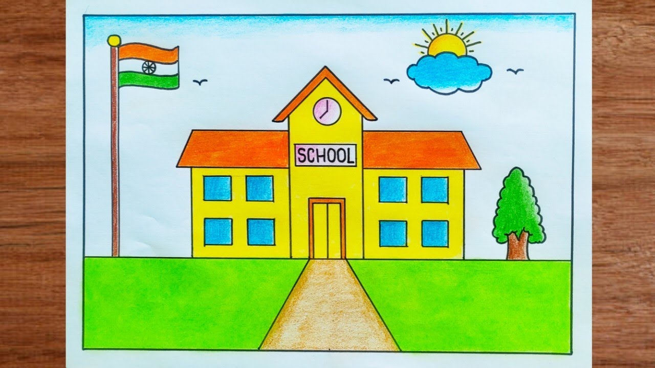 School Scenery Drawing / How to Draw a School Easy Step by Step / My ...
