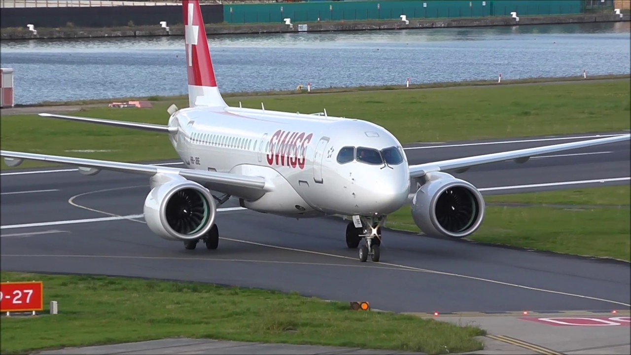 Swiss CS100 / Airbus A220 London City Airport. Tower View. Full ...