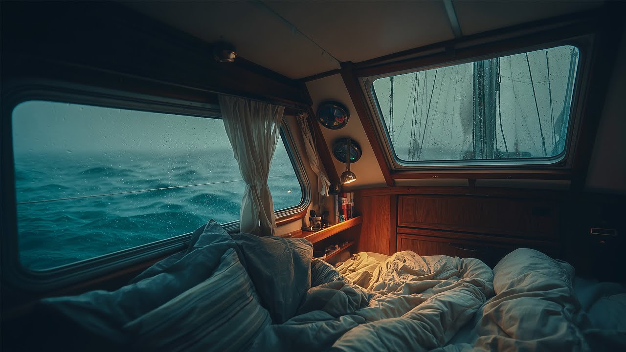 Thunderstorm Night At Sea – Rain Falling On Deck And Waves Splashing To ...