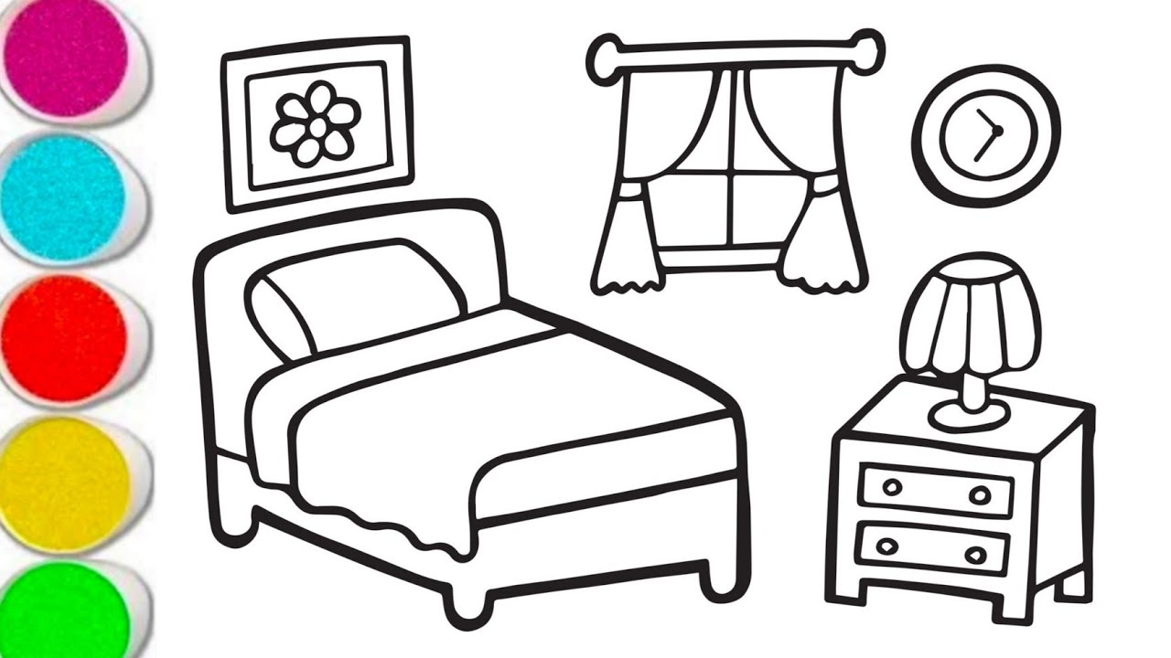 how to draw bedroom step by step/ easy bedroom drawing/ colouring ...