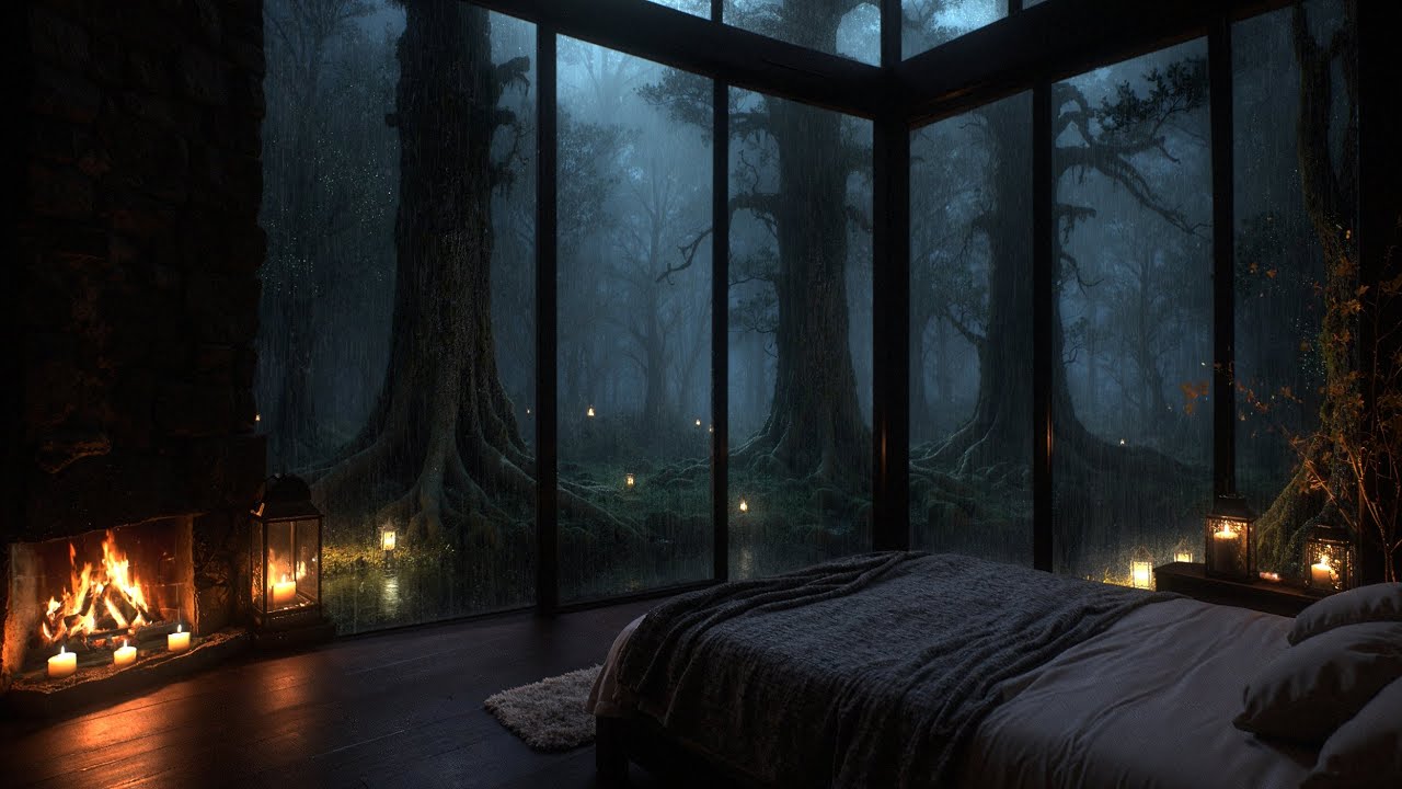 8 Hours of Rain and Fireplace Ambience | Cozy Forest Cabin with ...