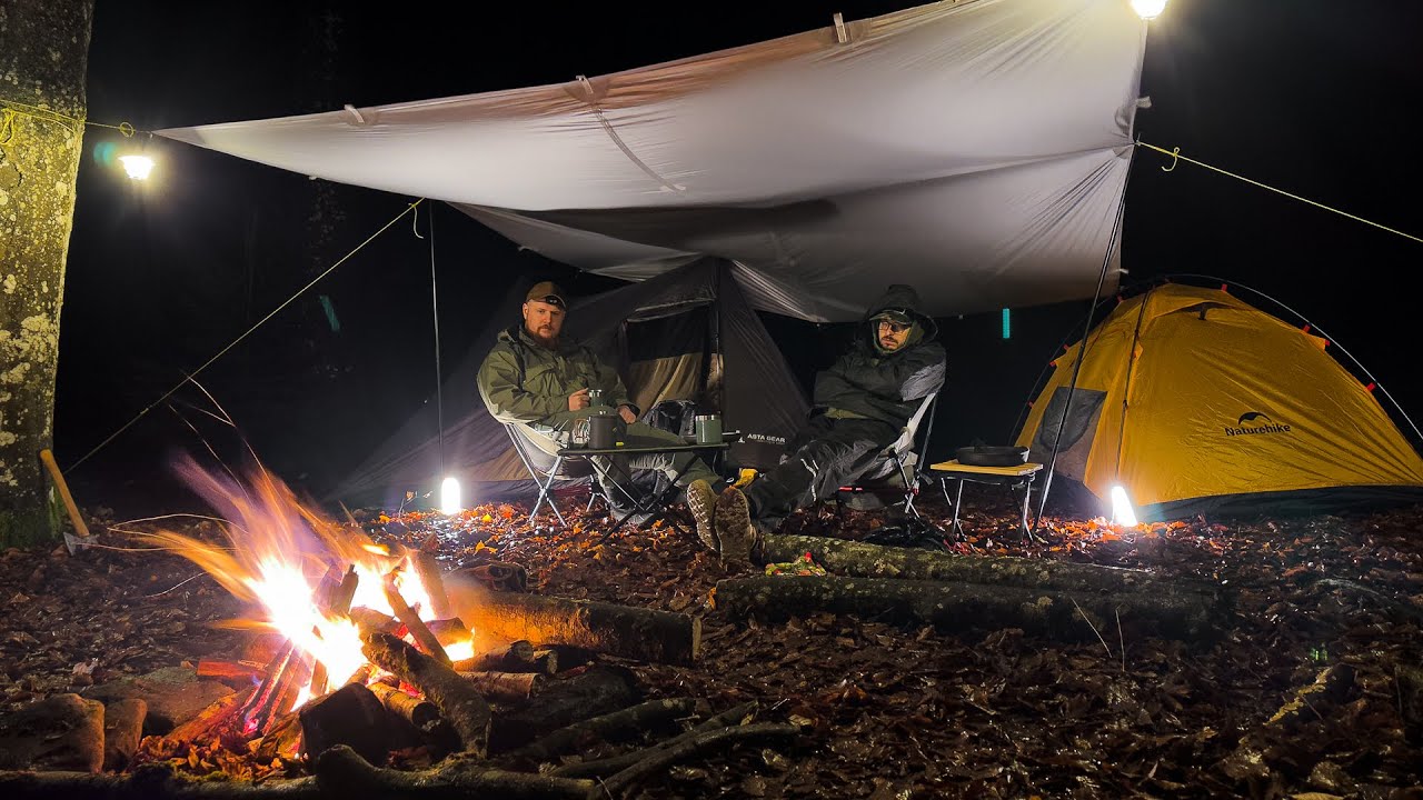 Winter Camping in Heavy Rain and Wind, Tarp Setup Over Tent, Building ...