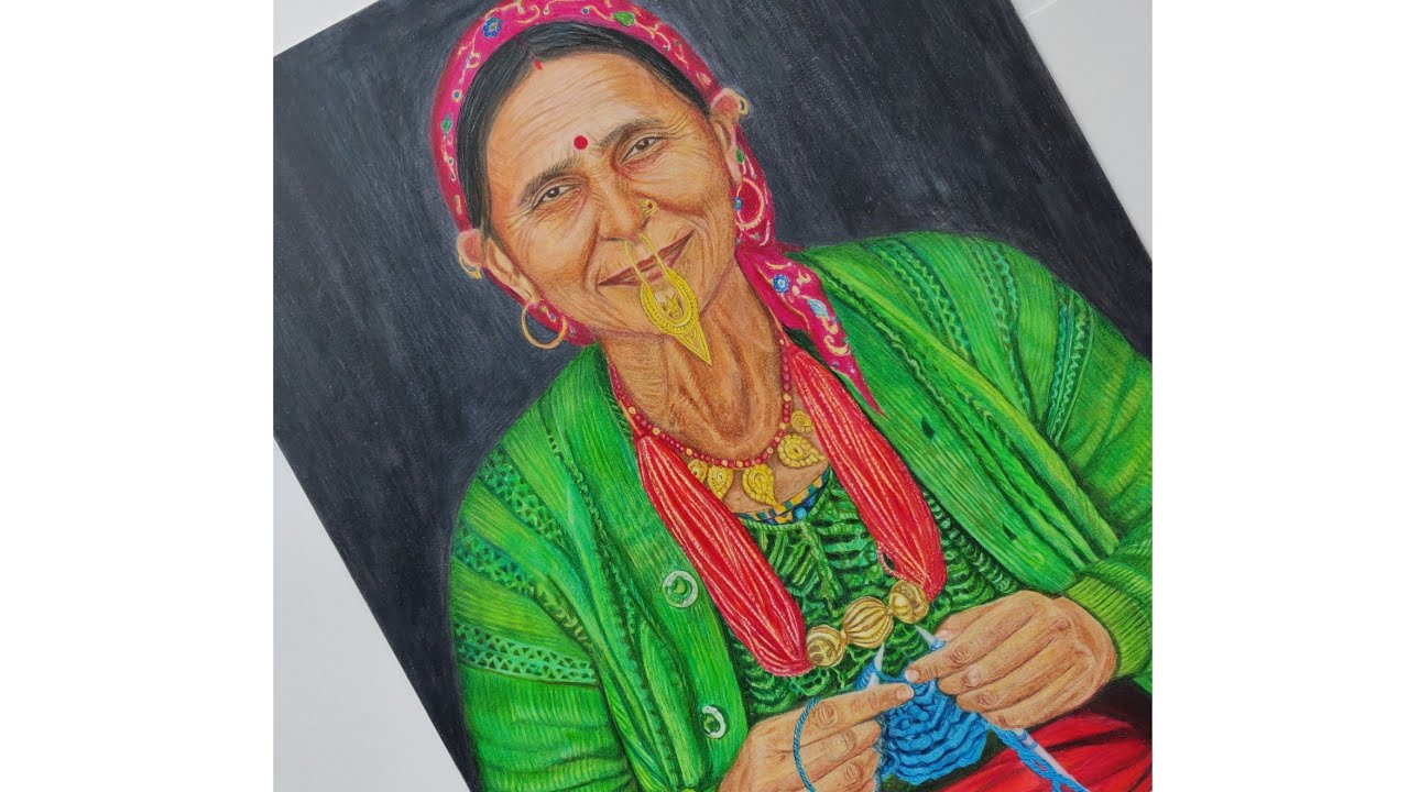 Drawing Uttarakhand woman from India /old woman drawing with colored ...