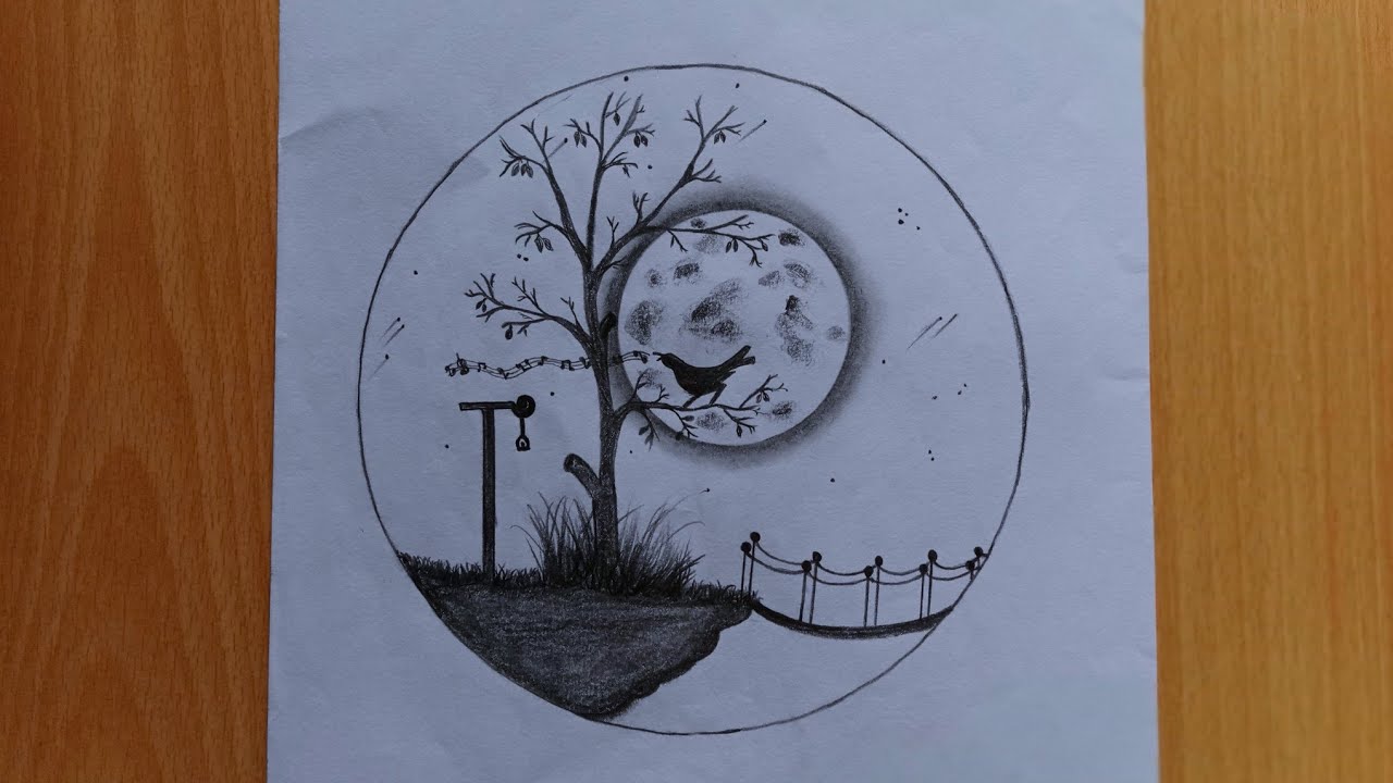 #naturedrawings. how to draw tree with moon and cuckoo bird. simple ...