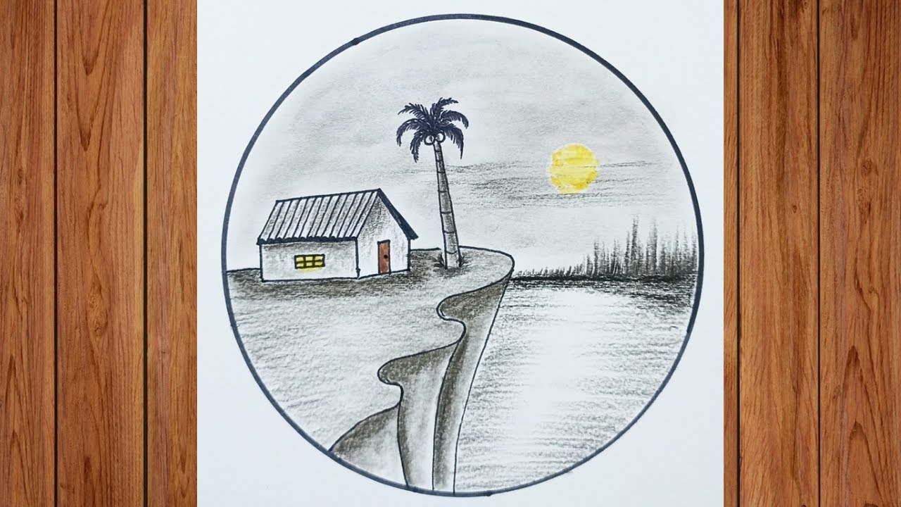 Peaceful Sunset Landscape Drawing | Easy Scenery Art for Beginners ...