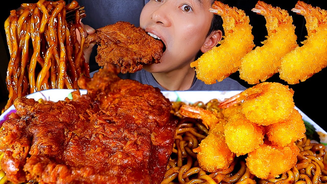 ASMR MUKBANG | black bean noodles , chicken , fried shrimp mukbang asmr ...