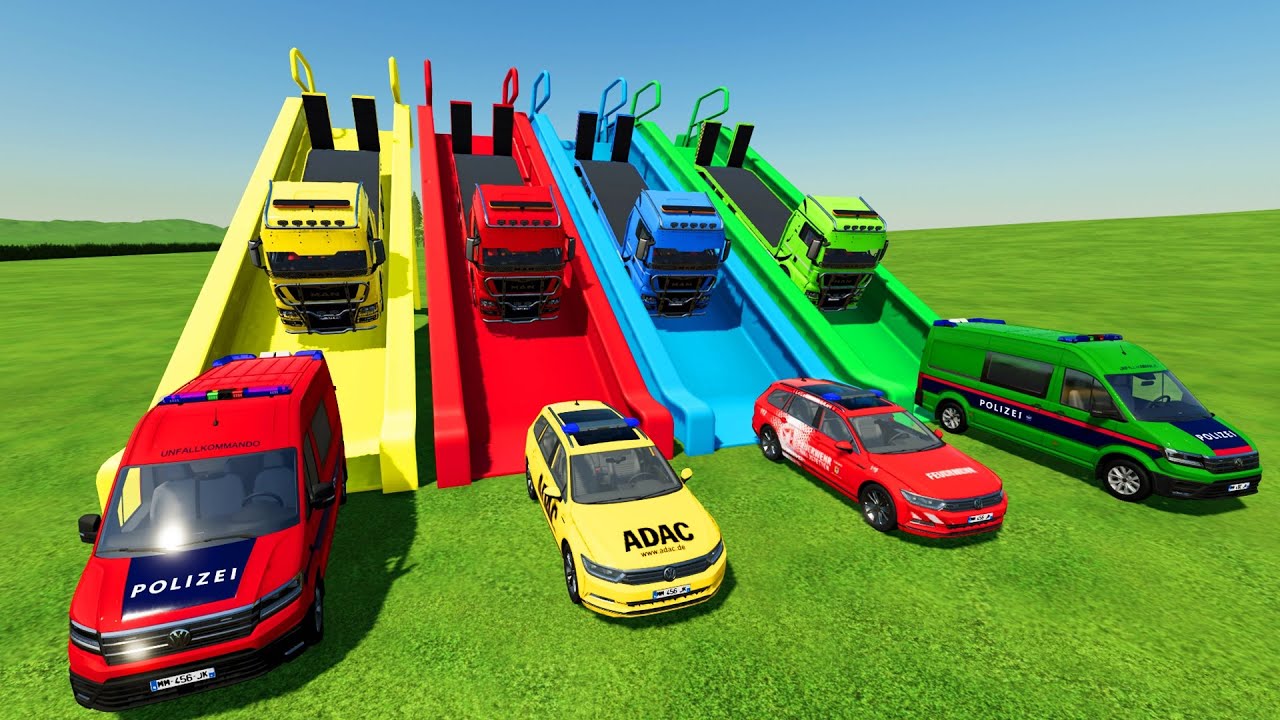 TRANSPORTING RESCUE CAR, AMBULANCE, POLICE MINIBUS WITH MAN TRUCKS ...