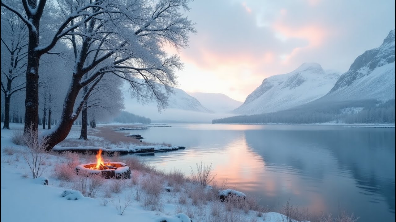 Serene Winter Lake with Crackling Firepit | Relaxing Nature Sounds | 4K ...