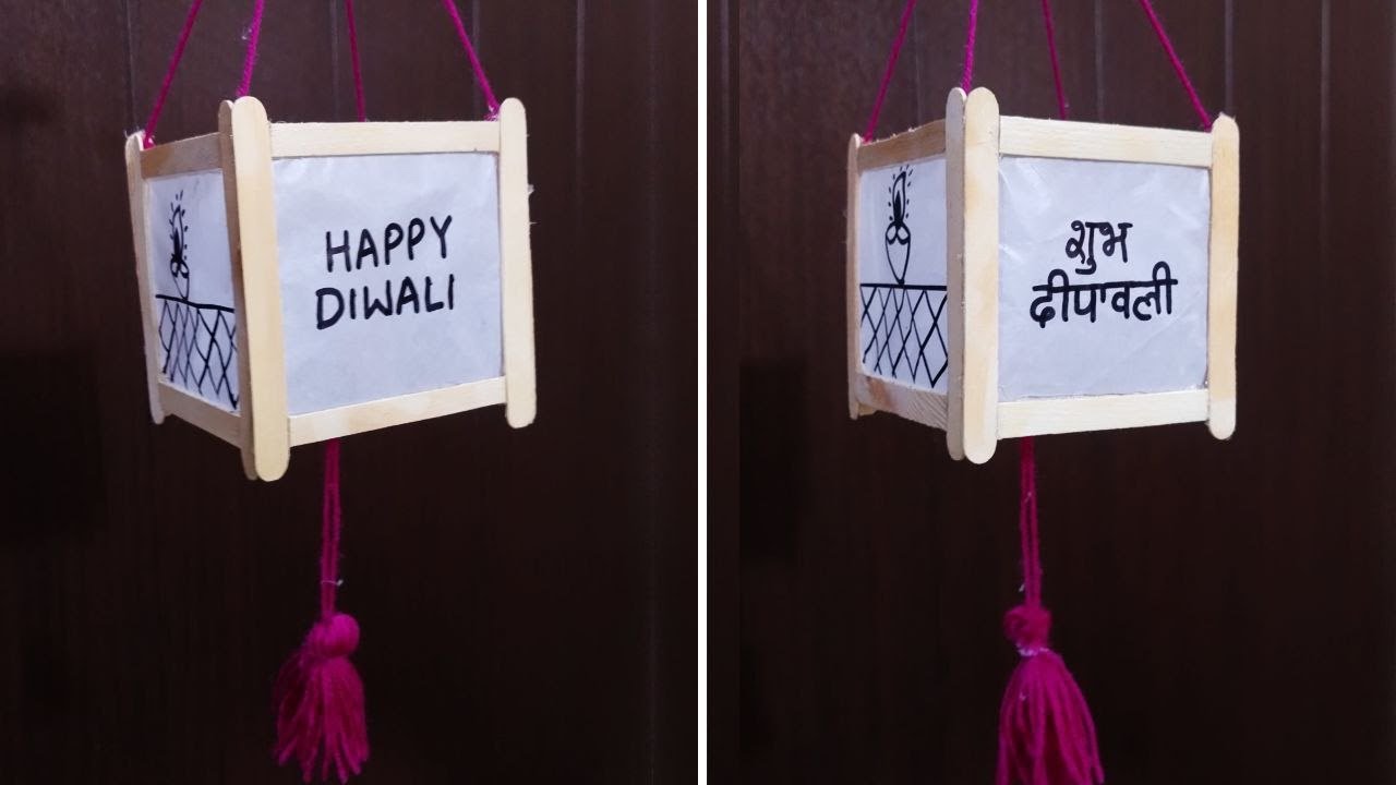 Sticks and Paper Lantern Making at Home | Diwali Lamp Making With Light ...