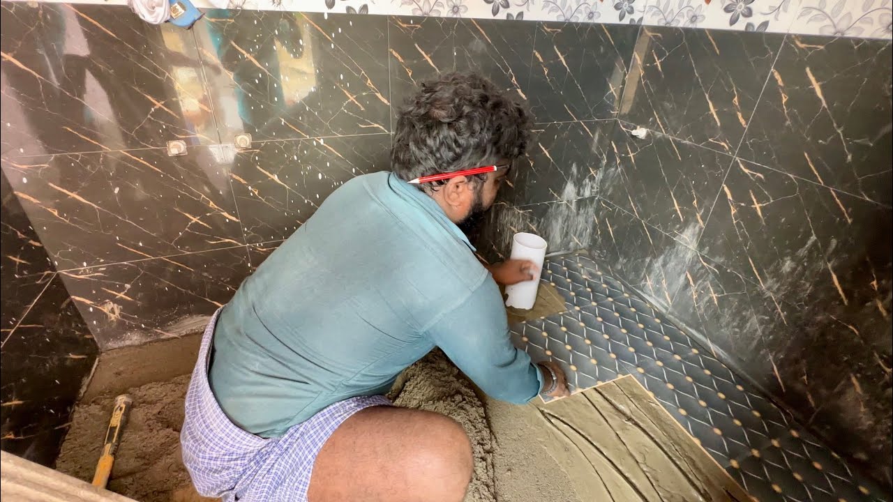 Awesome! Bathroom Floor Tile Installation Process-Sand and cement mixer Construction - YouTube