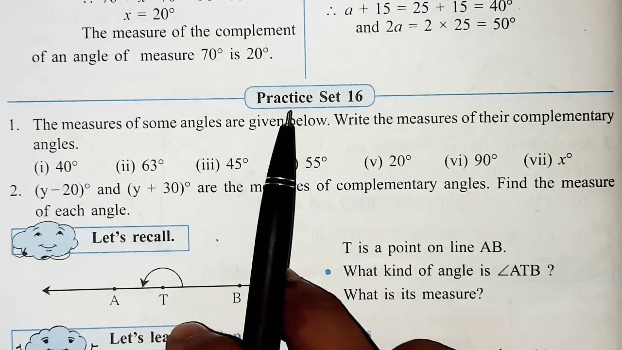 practice set 16 | class 7 | 7th std | Angles and Pairs of Angles | complementary angles - YouTube