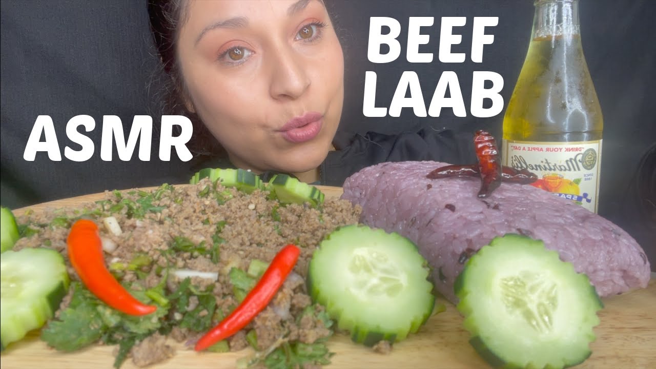 ASMR EATING BEEF LAAB WITH STICKY PURPLE RICE *EATING SOUNDS MUKBANG ...
