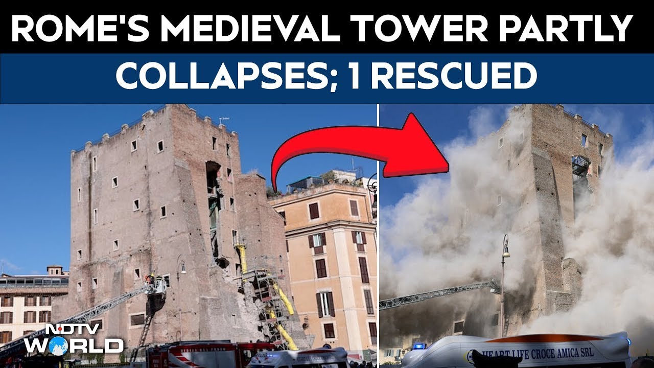 Rome Tower Collapse | Firefighters Struggle To Rescue Worker From ...