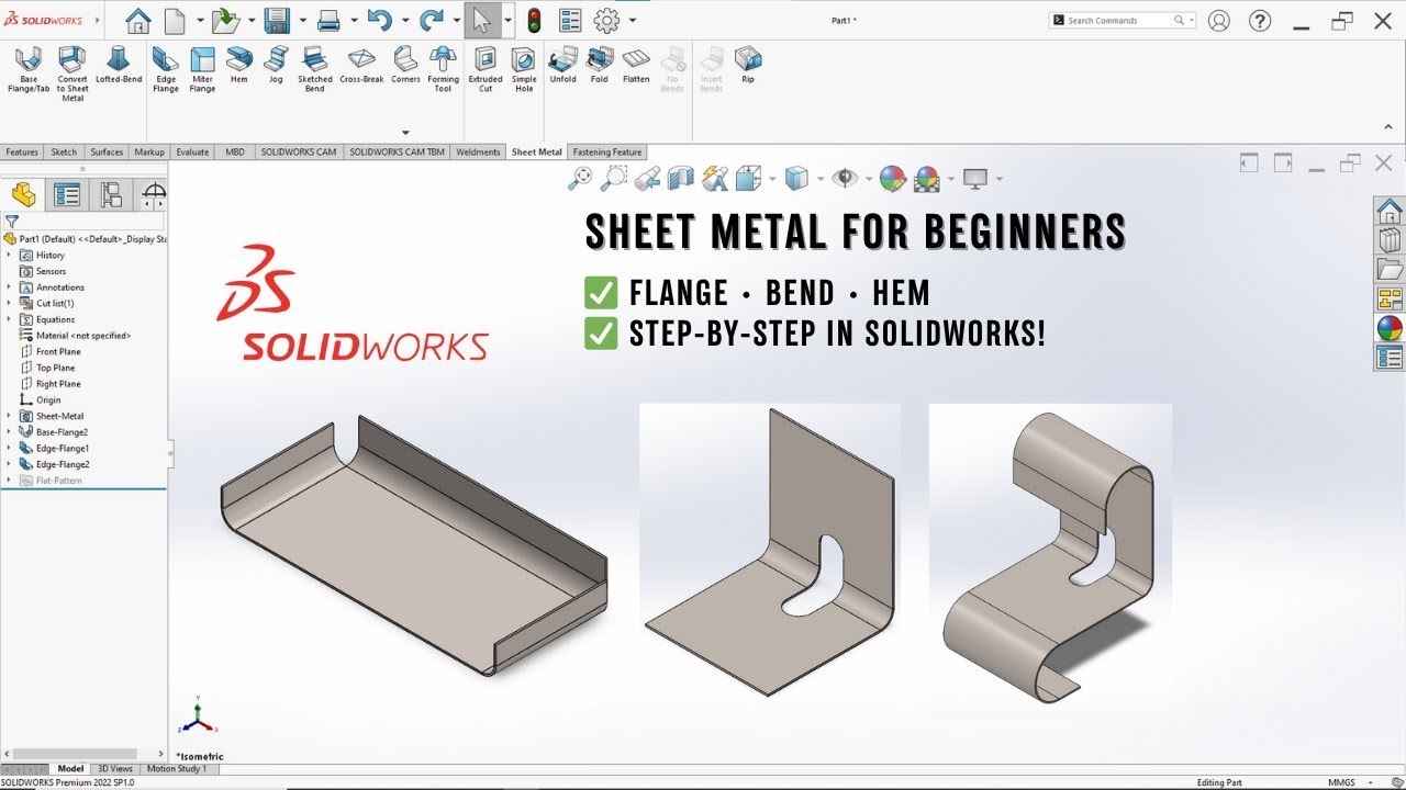 SolidWorks Tutorial: Sheet Metal Bending Basics – Flange, Bend & Hem - YouTube