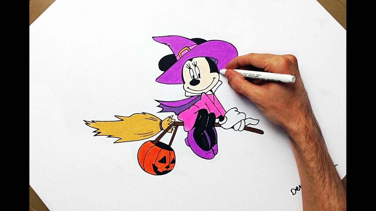 How To Draw Minnie Mouse in Witch Costume | Cartoon Drawing Disney ...