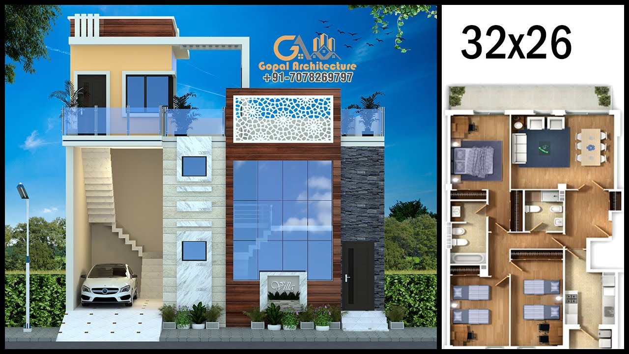 32'-0"x26'-0" 3D House Design With Layout Plan | 32x26 House Plan ...