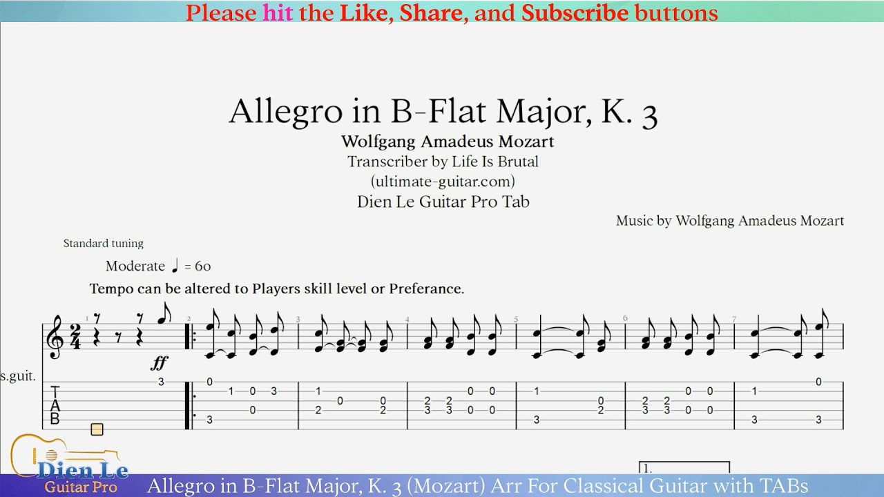 Allegro in B-Flat Major, K. 3 (Mozart) Arr For Classical Guitar with ...