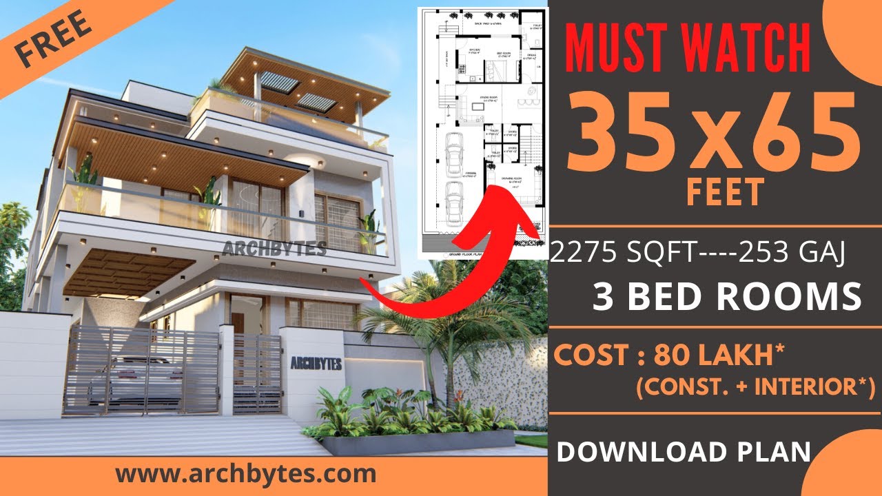 35x65 Feet House Design 3D: 3 Bedrooms|10x20 Meters|2275 Sqft| 252 Gaj ...