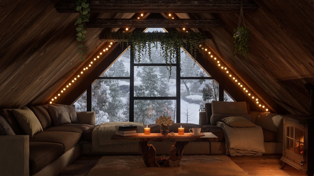 Cozy Attic Ambience 🌙 Fall Asleep To Winter Wind & Crackling Fire ...