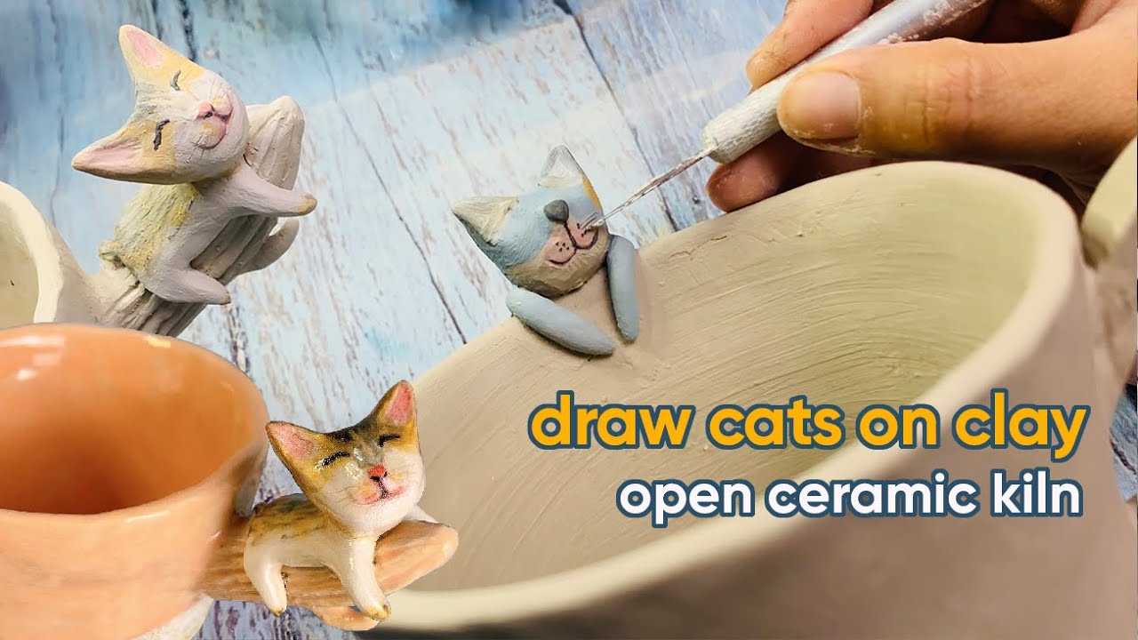 Drawing cats on clay and mug, open ceramic kiln | Kitchen Pottery - YouTube