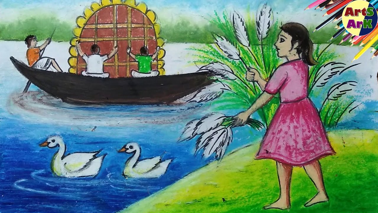 Oil Pastel Scenery Drawing on durga puja | Durga puja special Scenery ...