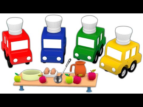 4 voitures colorées sont cuisiniers. Dessin animé éducatif pour les petits