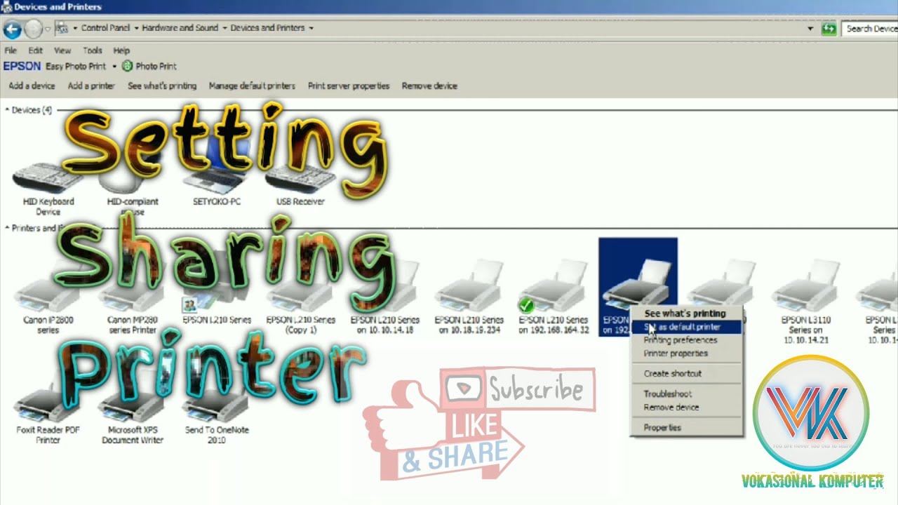 Setting Sharing Printer Epson L210 - YouTube
