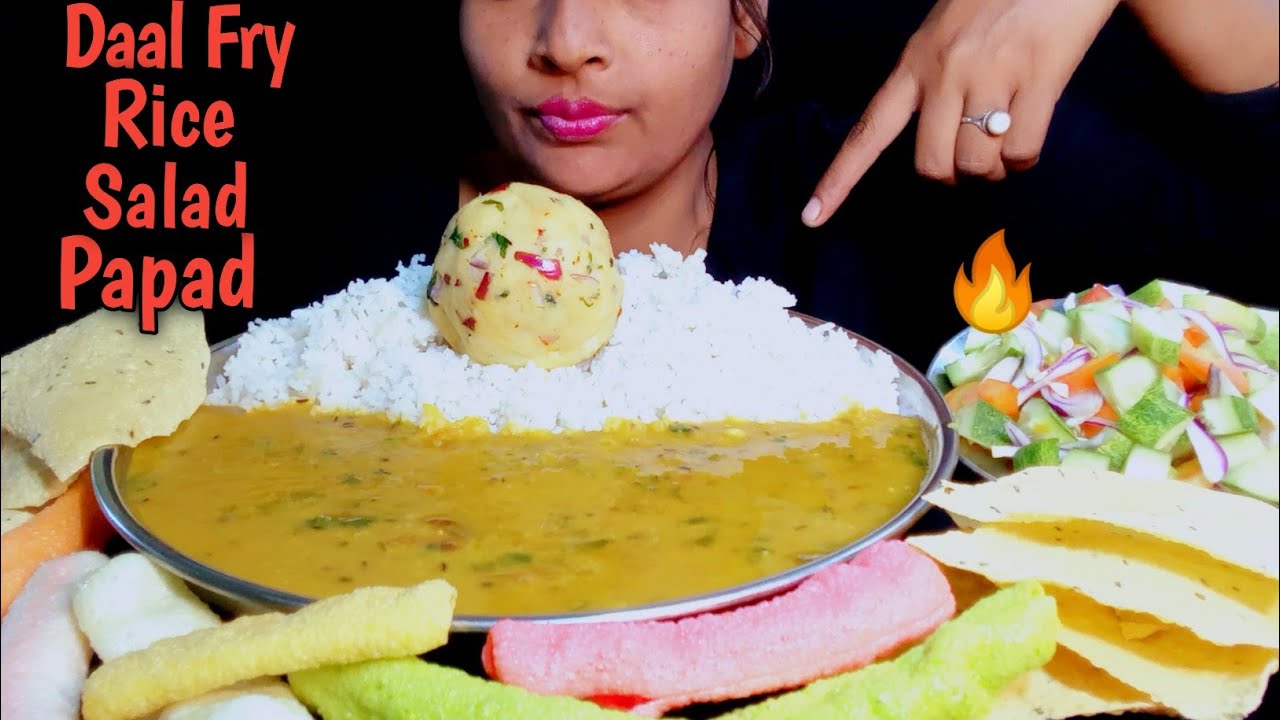 Eating Daal Fry, Rice, AlooBhorta, Salad, Papad | Eating Show | Asmr ...