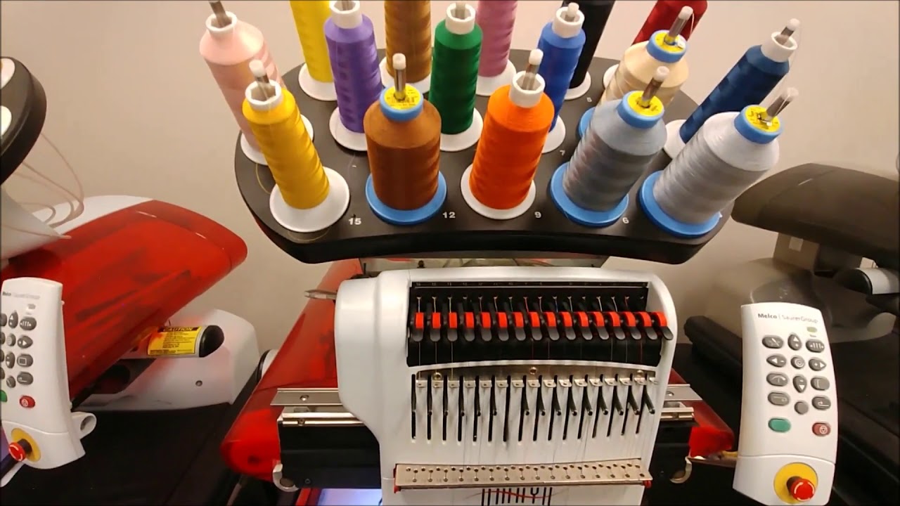 Melco Amaya ( Red ) 3 Head 16 Color Commercial Embroidery Machine - YouTube