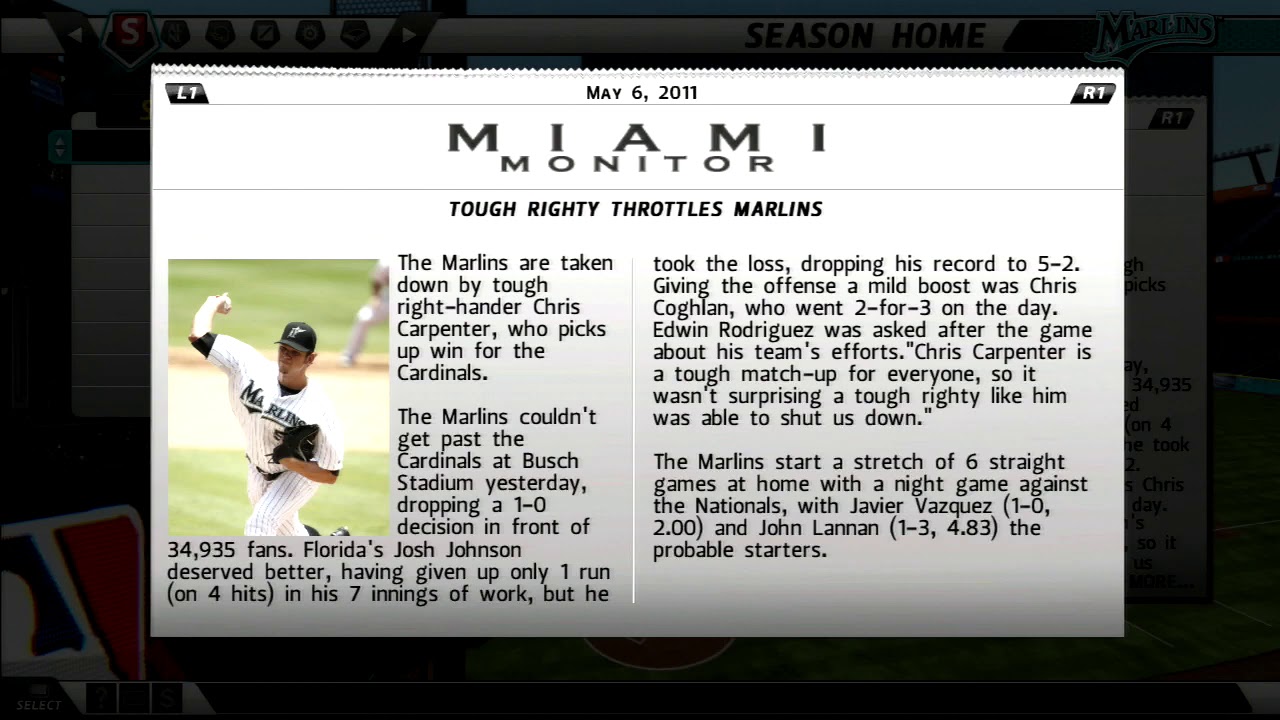 MLB 11: The Show (PS3) (Florida Marlins Season) Game #31: FLA @ STL ...