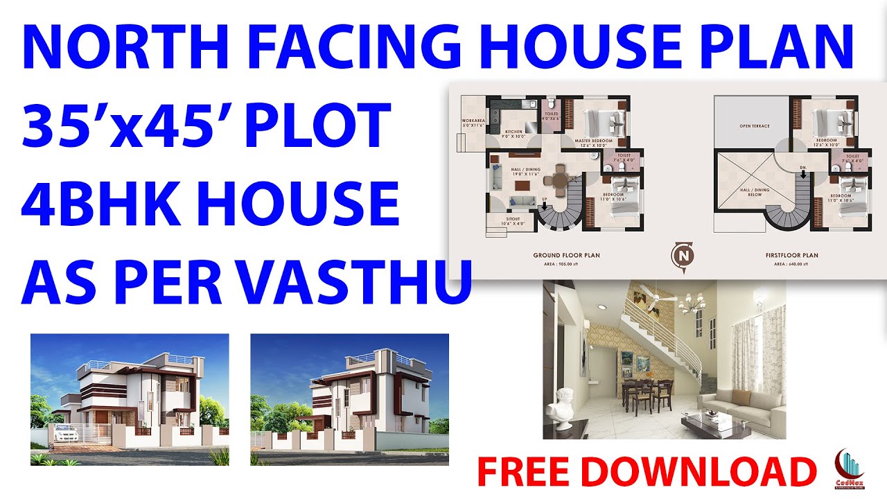 North facing house plan | 35'x45' plot size | 4bhk house plan as per ...